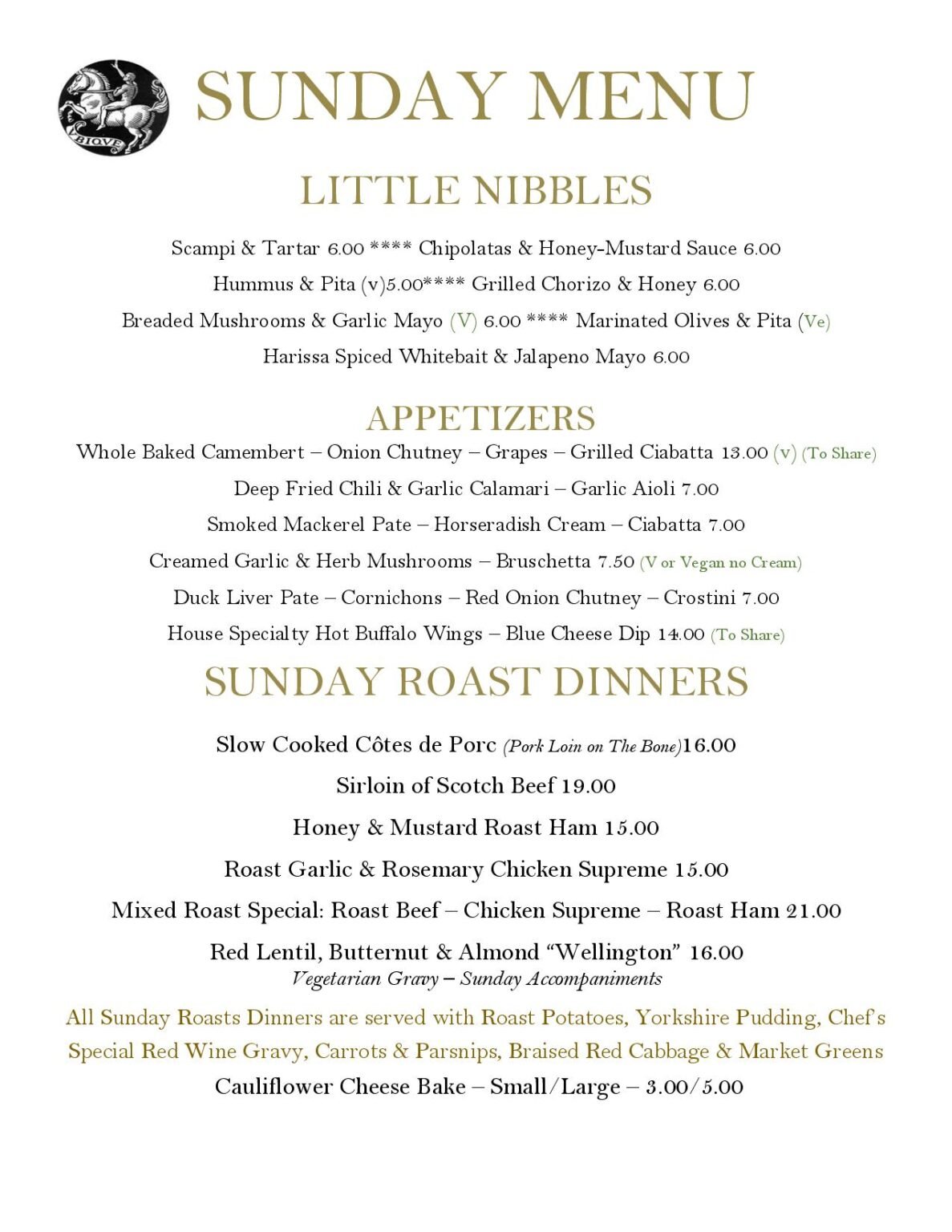 Sunday Menu - The White Horse